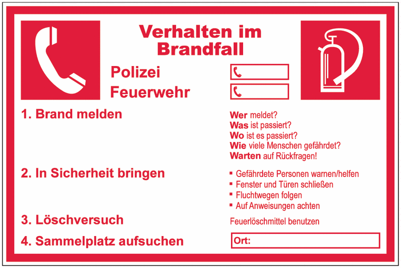 Verhalten im Brandfall - Notfall- und Notruf-Hinweisschilder | SETON