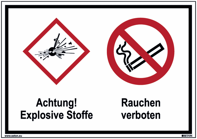 Explosive Stoffe/Rauchen verboten - Mehrsymbolschilder, GHS/CLP, ASR A1 ...